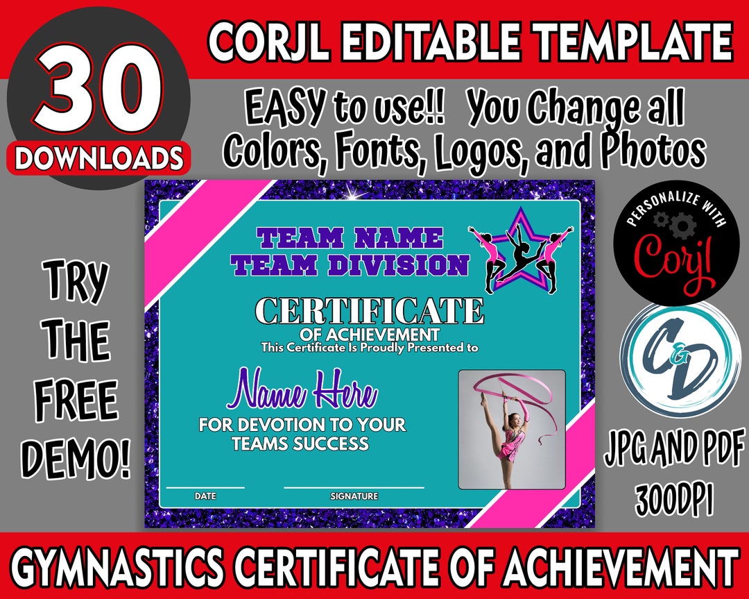 Personalized Gymnastics Certificate Template | Editable Sports Award ...