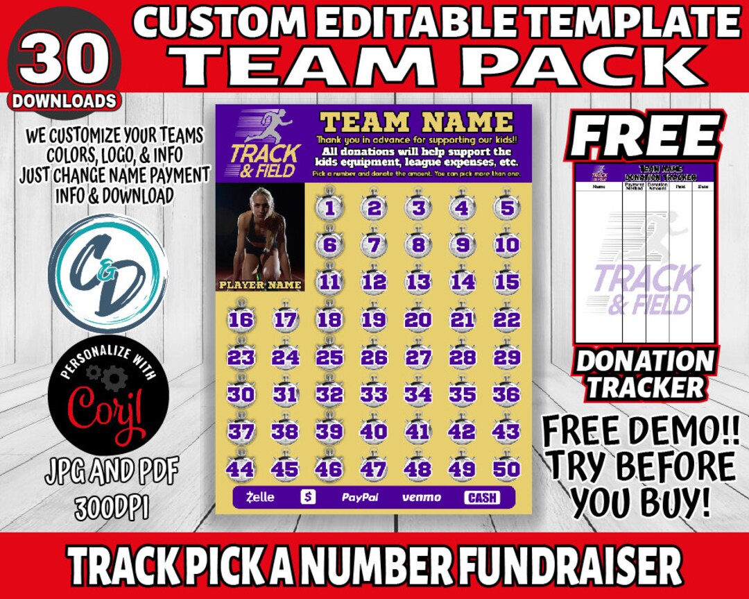 Corjl Editable Track and Field Pick a Number Fundraiser, Team Pack 30 ...