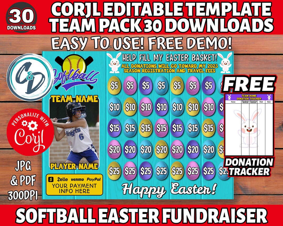 Corjl Editable Softball Easter Fundraiser, Softball Team Pack 30 ...