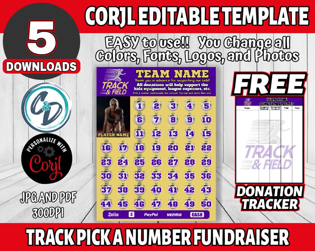 Corjl Editable Track and Field Pick a Number Fundraiser, Track 1-50 ...