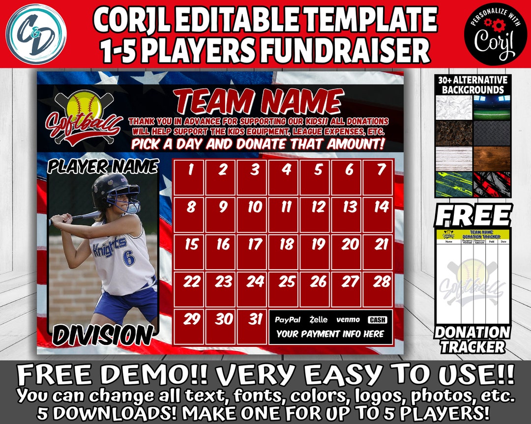 Corjl Editable Softball Fundraiser Calendar, Softball 1 to 31 ...