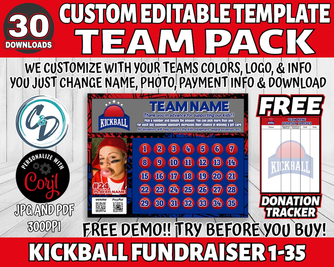 Corjl Editable Kickball Pick a Number Fundraiser, Kickball Team Pack 30 ...