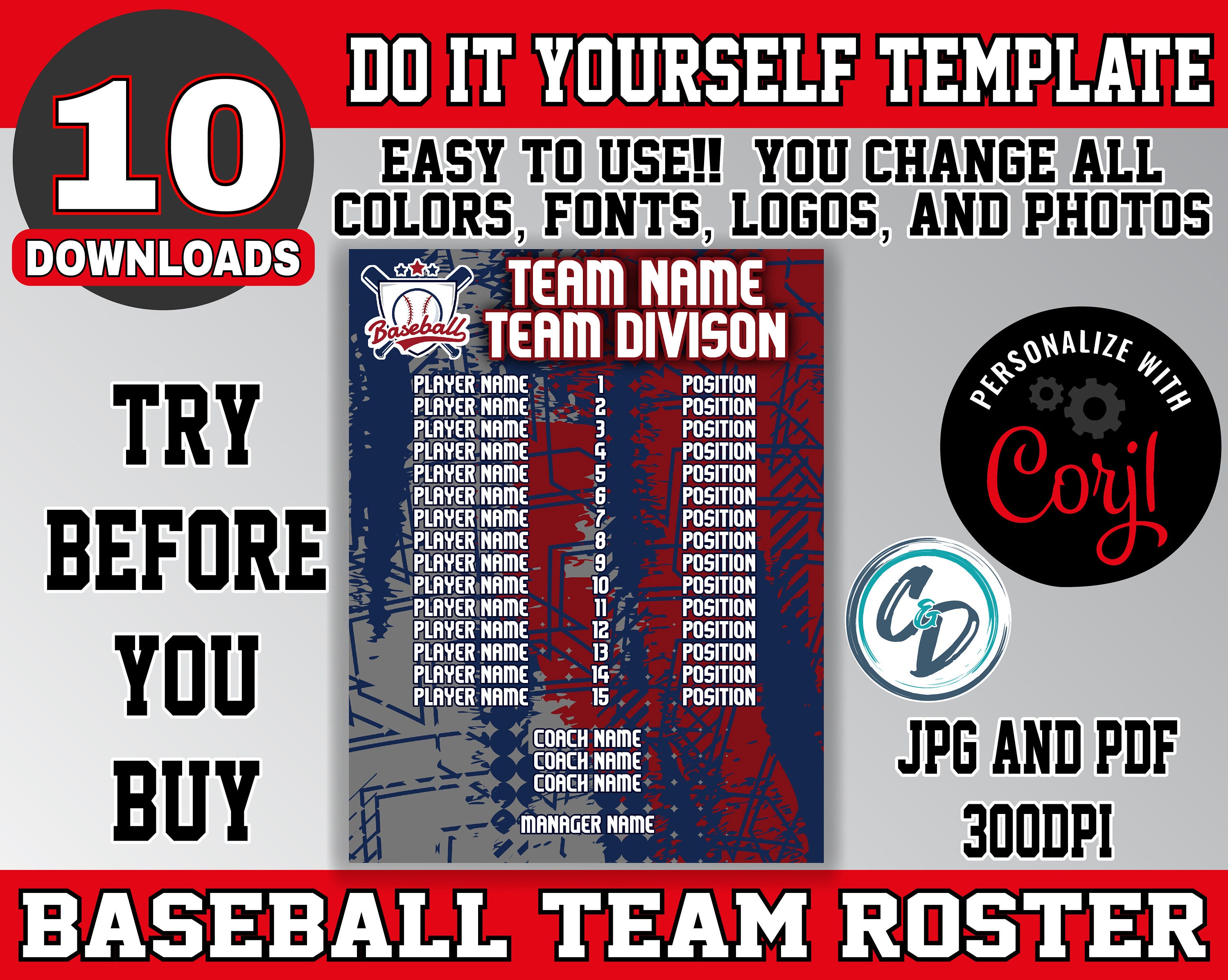 Customizable Baseball Roster Template Pack , 4 Designs Included, Corjl ...