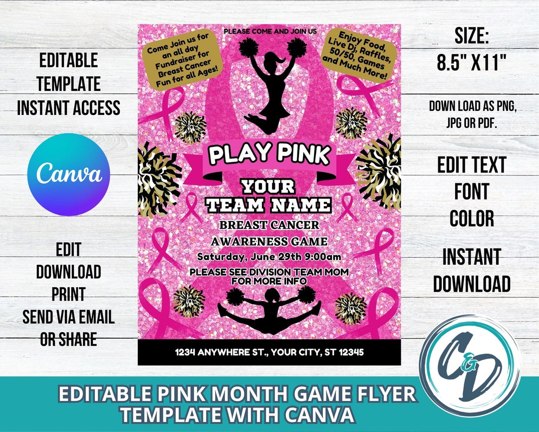 Cheerleading Breast Cancer Awareness Month, Editable Game Flyer, Pink ...