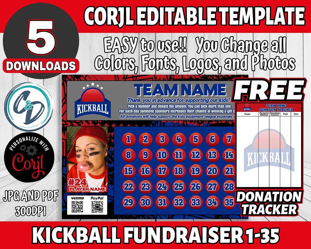 Corjl Editable Kickball Pick a Number Fundraiser, Kickball 1-35 ...