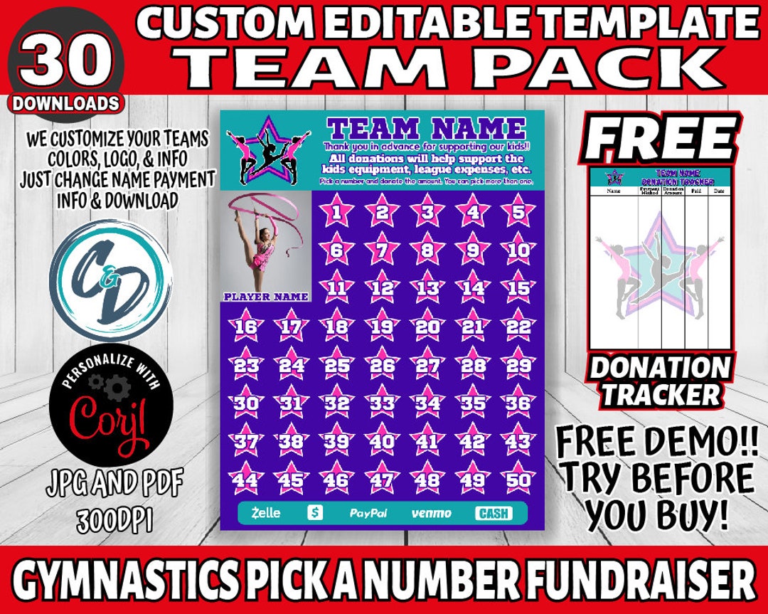 Corjl Editable Gymnastics Pick a Number Fundraiser, Team Pack 30 ...