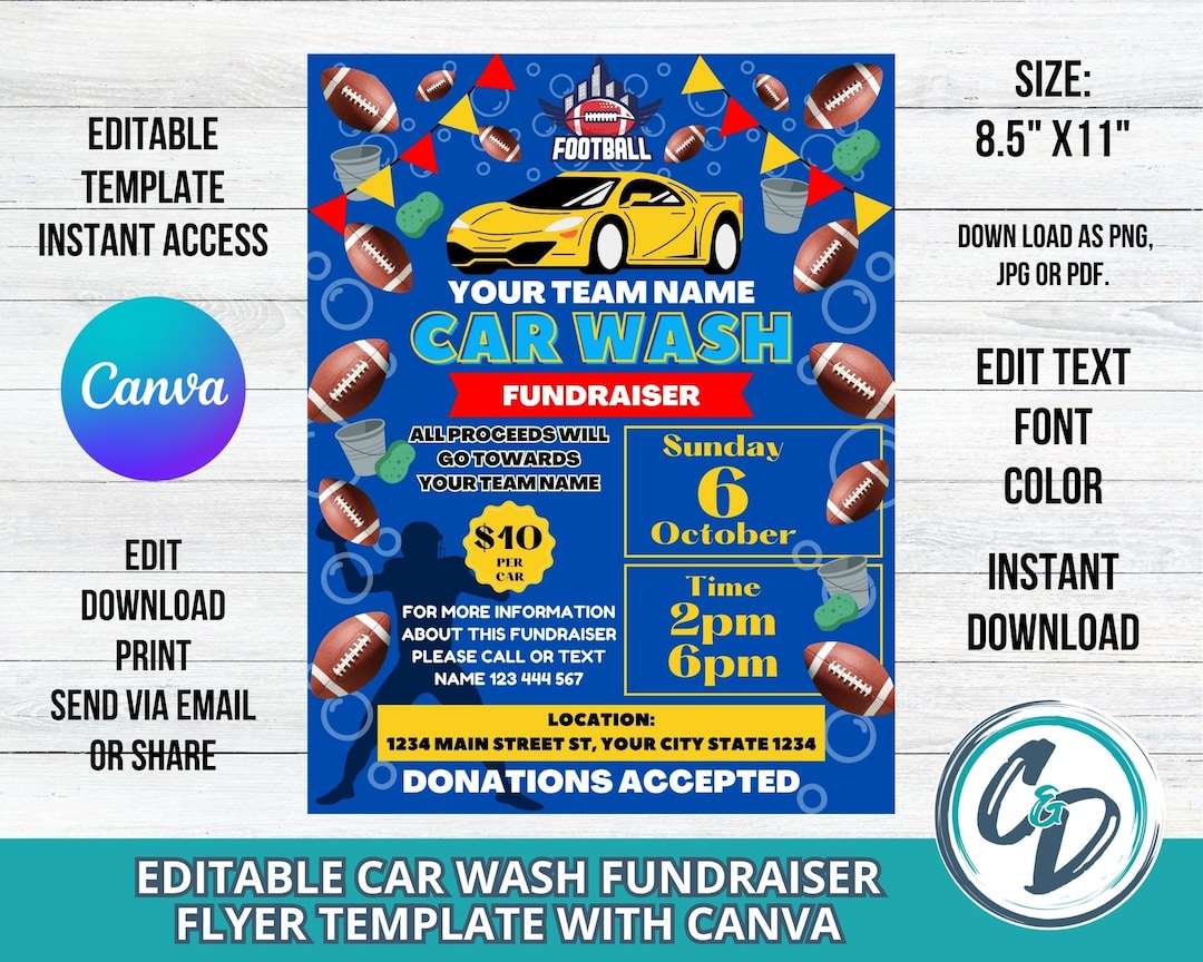Football Car Wash Fundraiser Flyer, Editable Football Car Wash ...