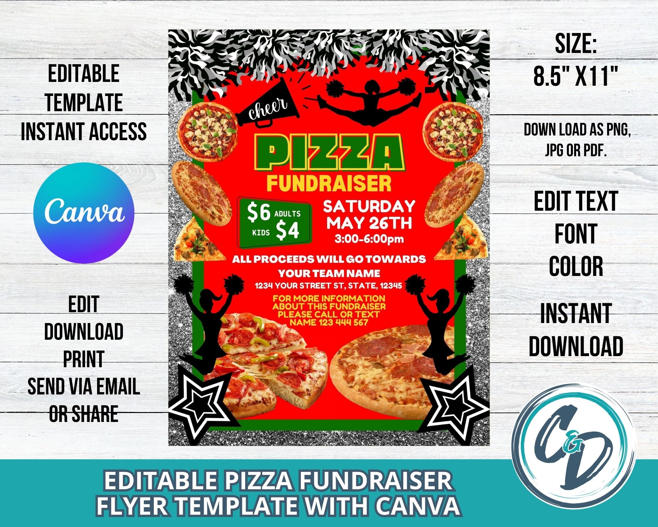 Cheerleading Pizza Fundraiser Flyer Editable Cheerleader Pizza Party ...