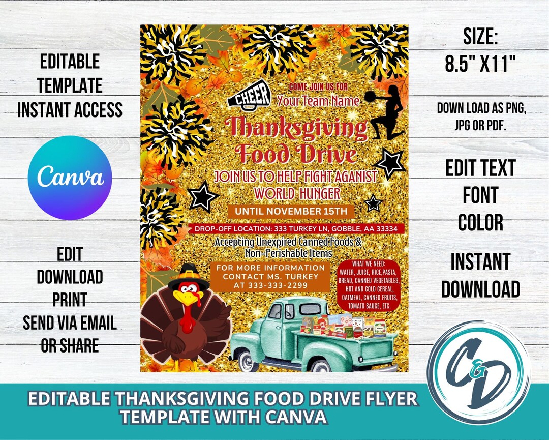 Cheerleading Thanksgiving Food Drive Fundraiser Flyer Printable Cheer ...