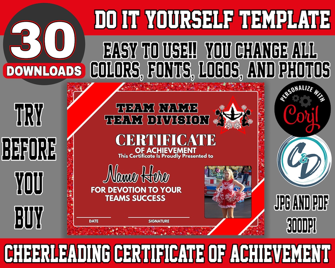Personalized Cheerleading Certificate Template | Editable Sports Award ...