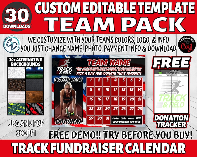 Corjl Editable Track and Field Fundraiser Calendar, Team Pack 30 ...