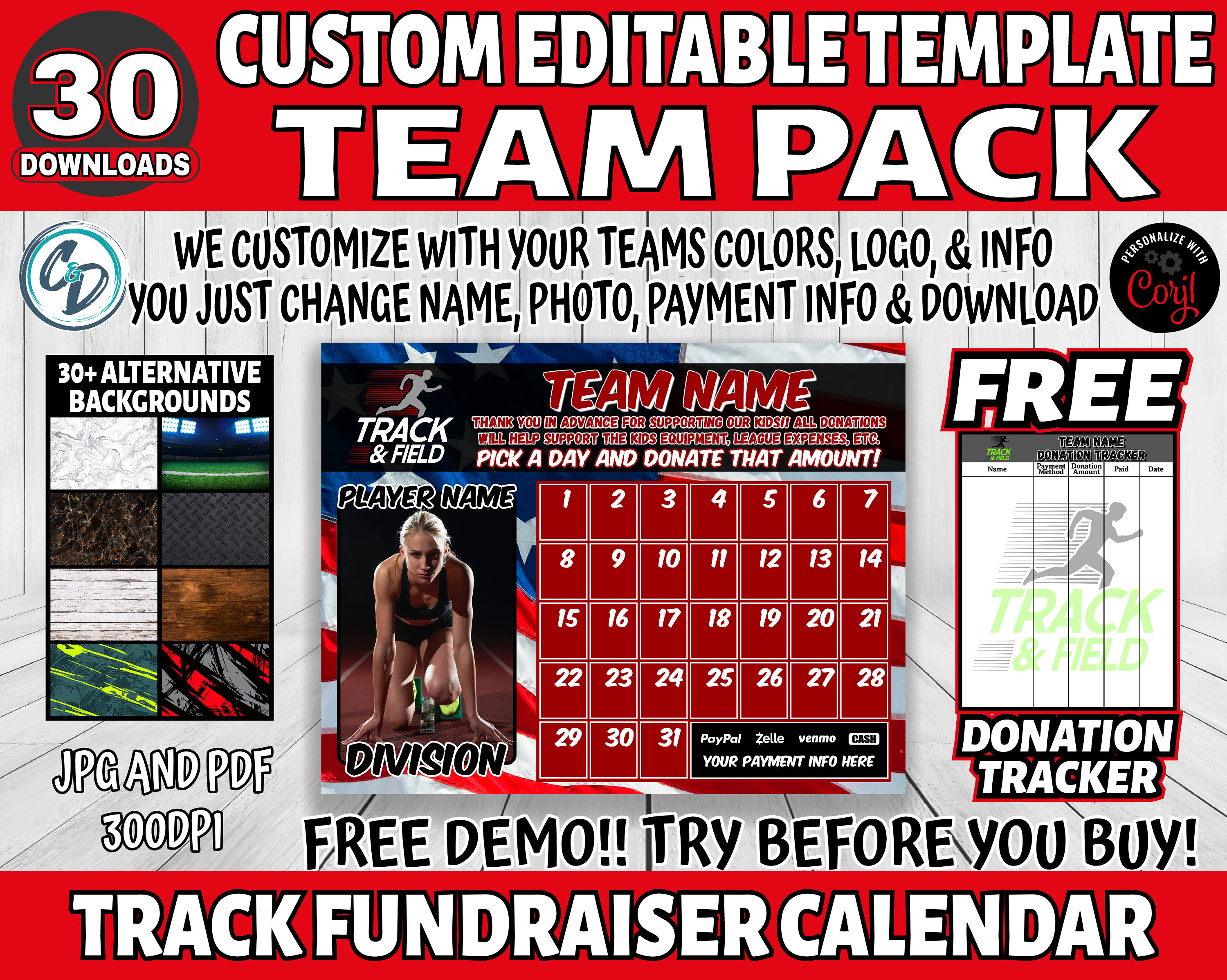 Corjl Editable Track and Field Fundraiser Calendar, Team Pack 30 ...