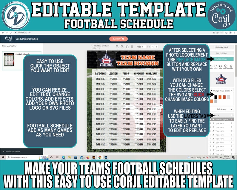 Corjl Editable Football Schedule Maker Template, Customizable Football ...