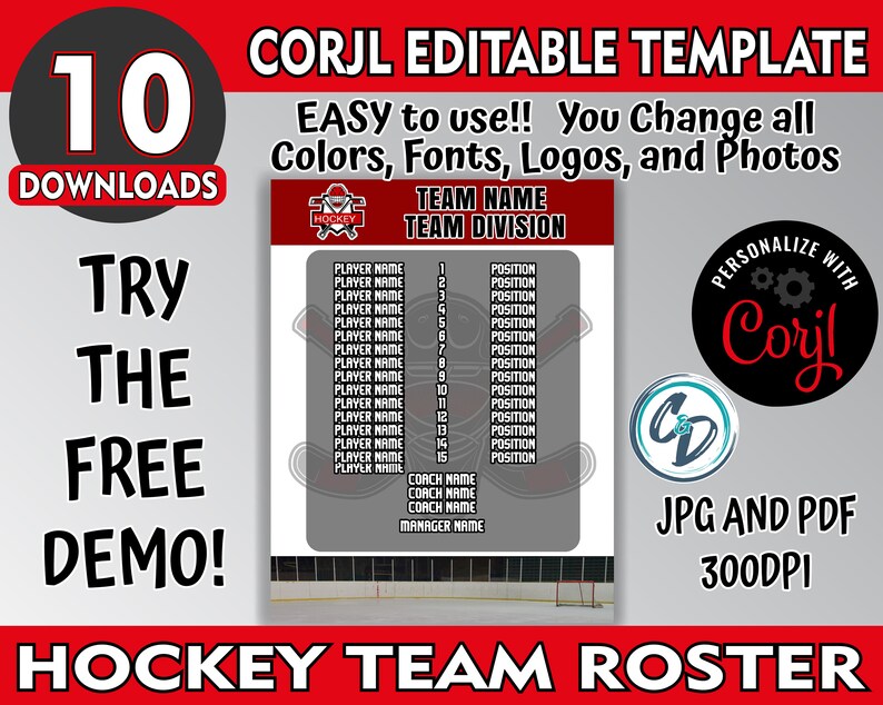 Customizable Hockey Roster Template Pack , 4 Designs Included, Corjl ...