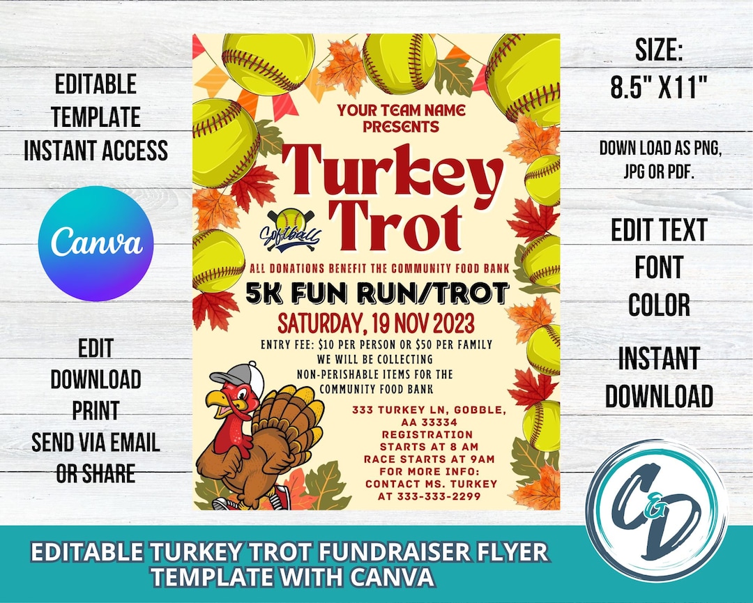 Softball Turkey Trot Fundraiser Flyer Printable Softball Thanksgiving ...