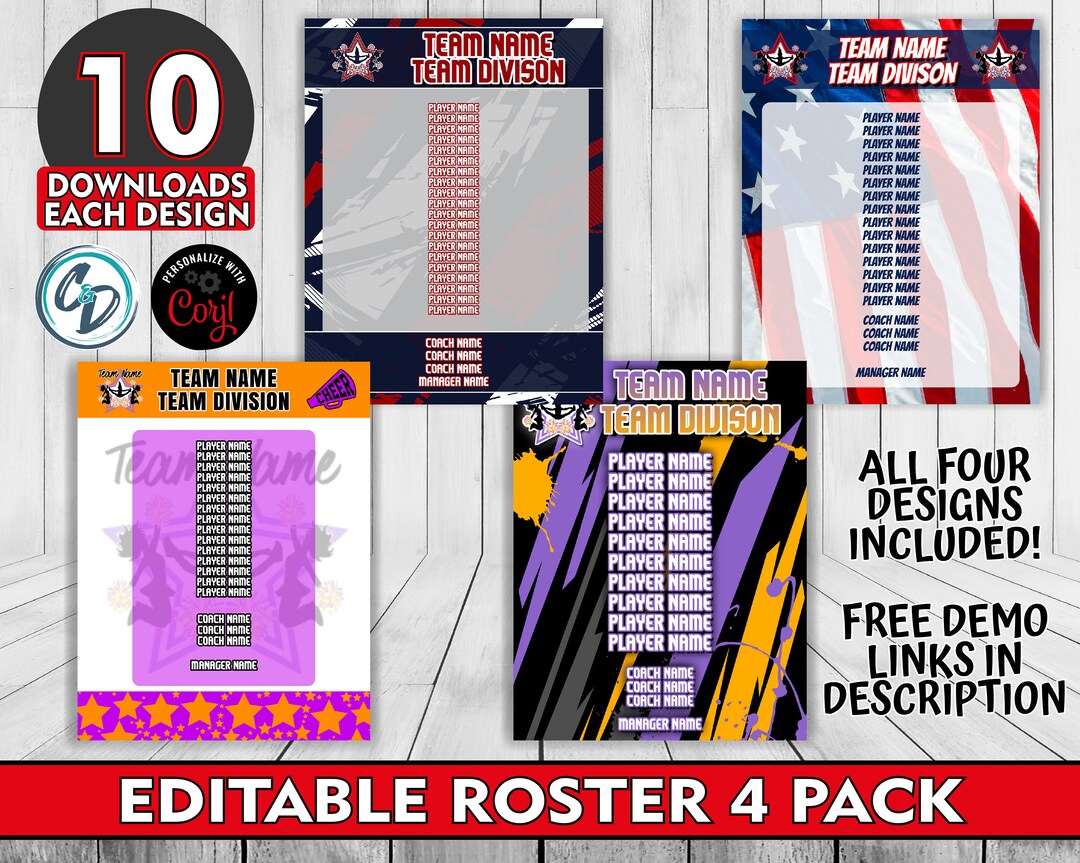 Customizable Cheerleading Roster Template Pack , 4 Designs Included ...