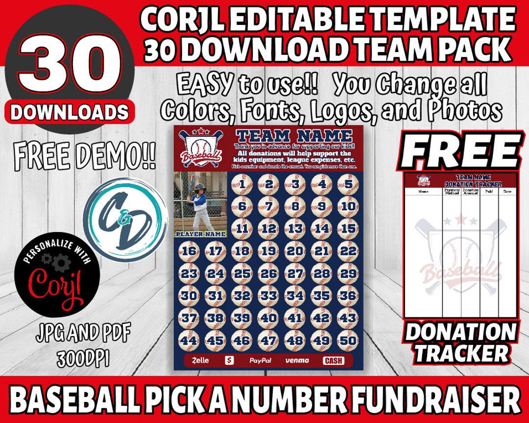 Corjl Editable Baseball Pick a Ball Fundraiser, Baseball Team Pack 30 ...