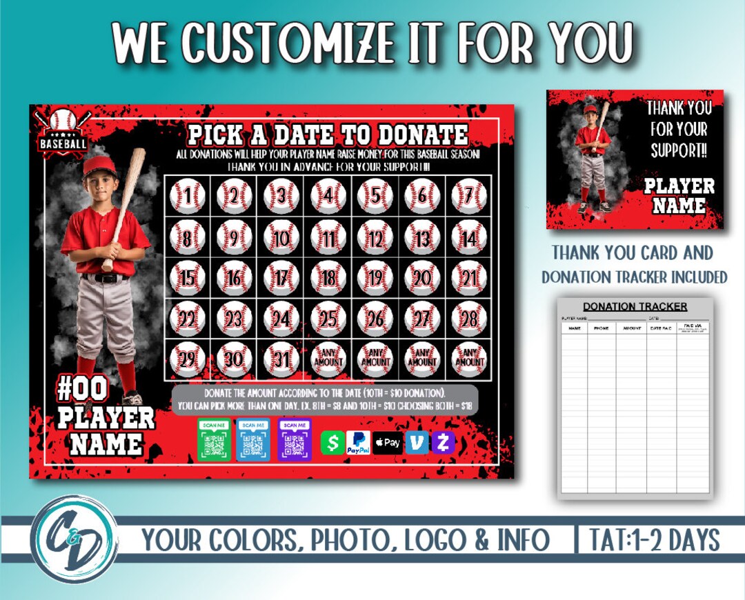 Custom Baseball Pick a Date Fundraiser, Personalized Baseball Digital ...