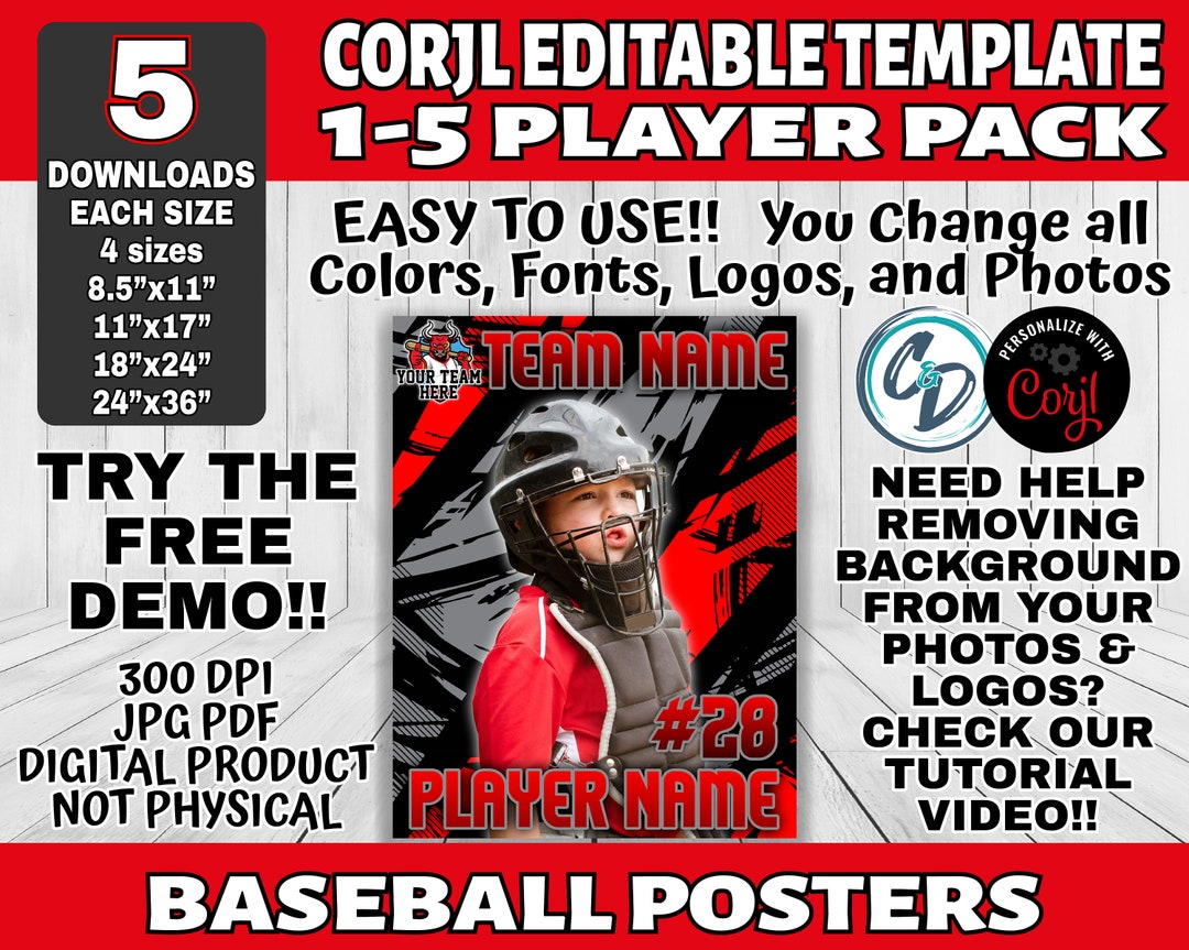 Corjl Editable Baseball Poster Pack, Baseball Posters 4 Sizes 5 ...