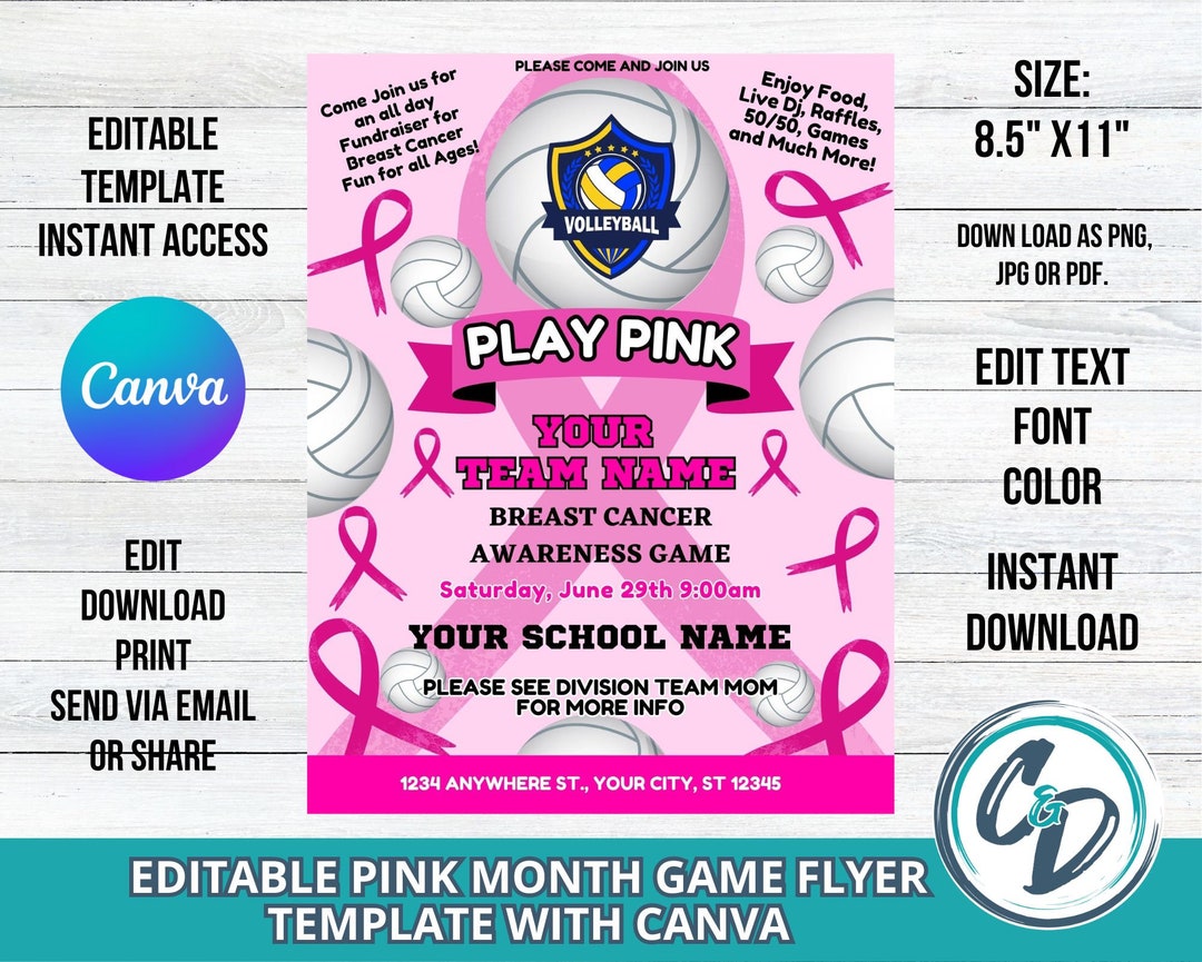 Volleyball Breast Cancer Awareness Month, Editable Game Flyer, Pink ...