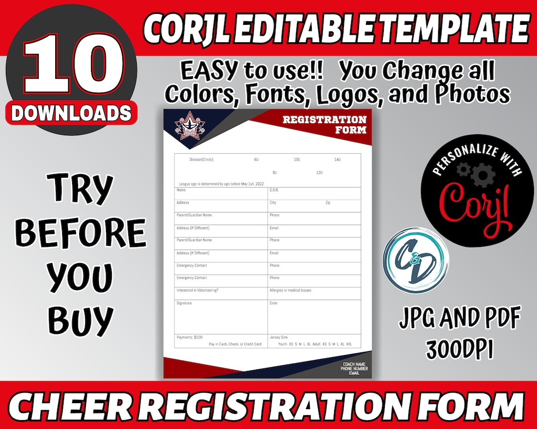 Customizable Cheerleading Registration Template, Editable Sports ...