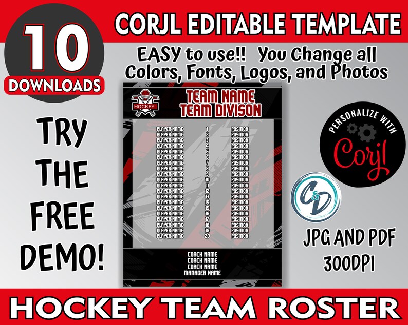 Customizable Hockey Roster Template Pack , 4 Designs Included, Corjl ...