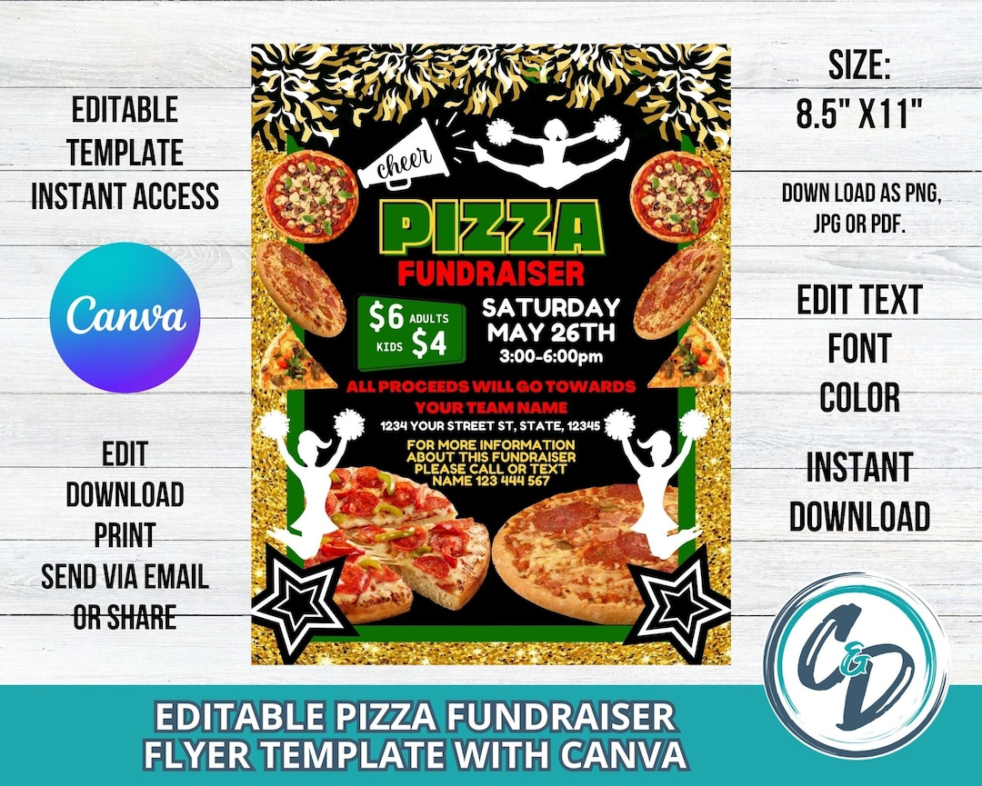 Cheerleading Pizza Fundraiser Flyer Editable Cheerleader Pizza Party ...