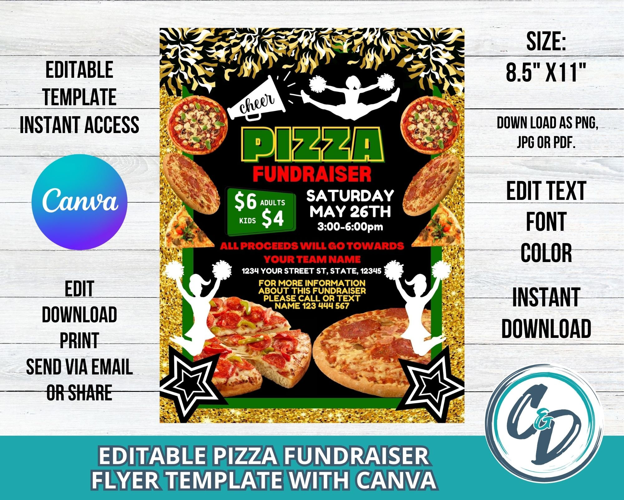 Cheerleading Pizza Fundraiser Flyer Editable Cheerleader Pizza Party ...