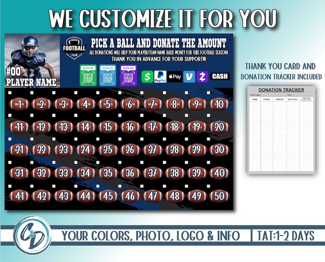 Custom Football Pick a Number Fundraiser, Personalized Football Digital ...
