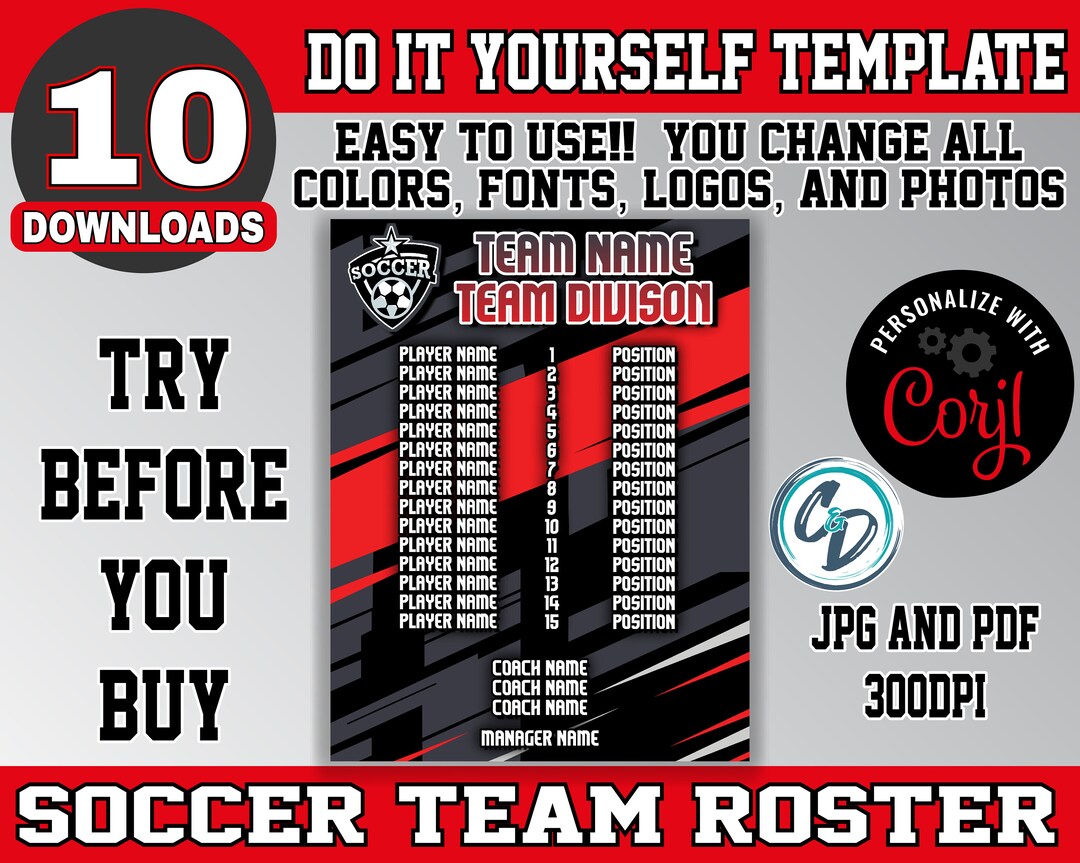 Customizable Soccer Roster Template, Editable Sports Roster Design ...