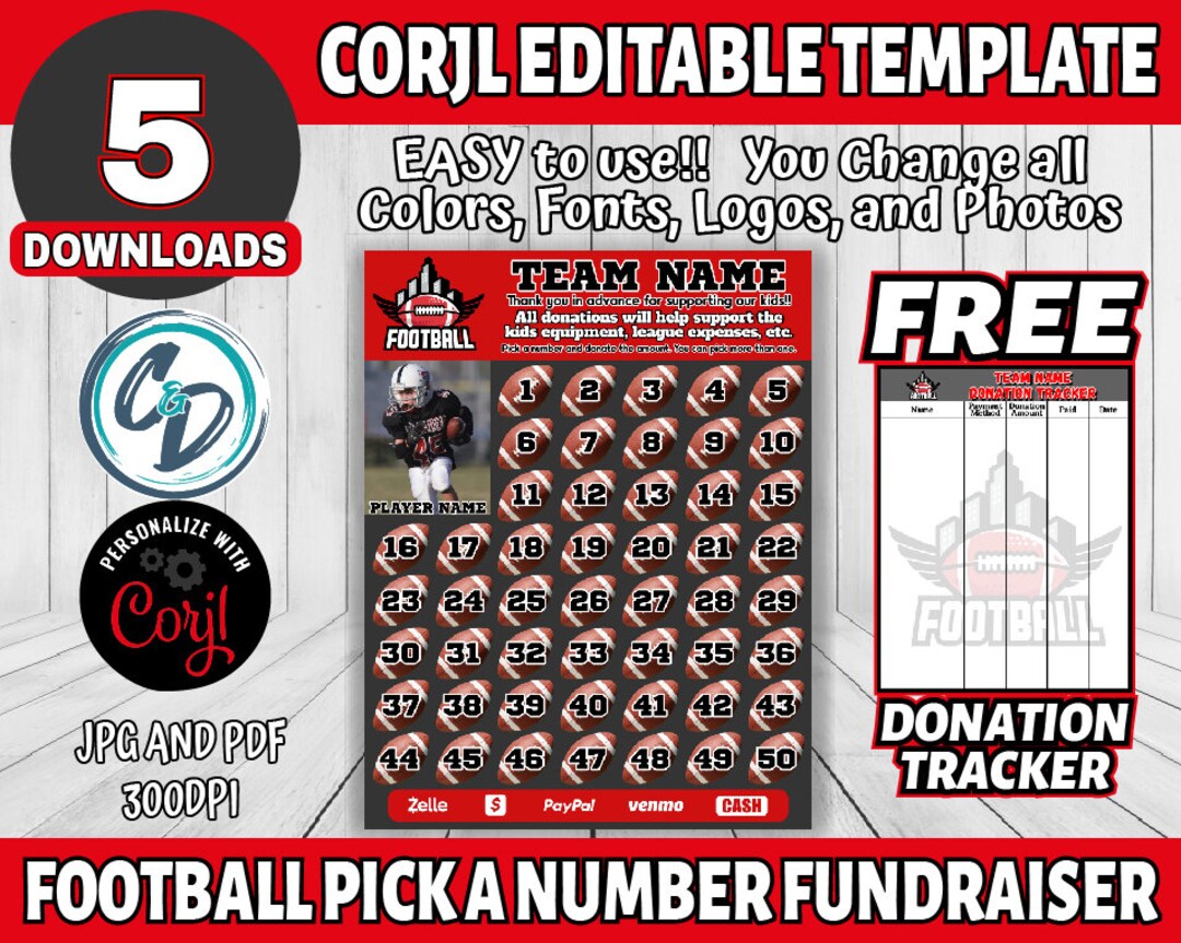 Corjl Editable Football Pick a Number Fundraiser, Football 1-50 ...