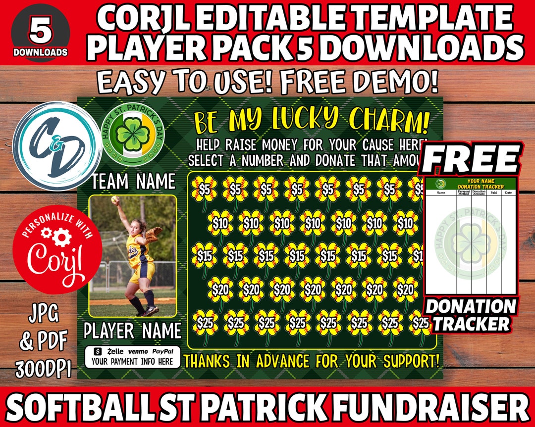 Corjl Editable Softball St Patrick's Day Fundraiser, Softball 4 Leaf ...