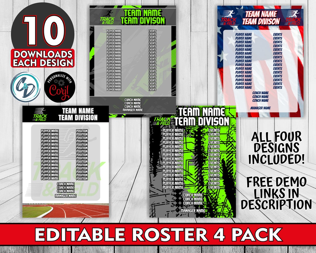 Customizable Track and Field Roster Template Pack , 4 Designs Included ...