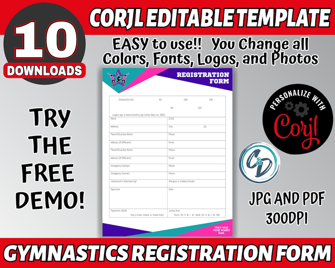 Customizable Gymnastics Registration Template, Editable Sports ...