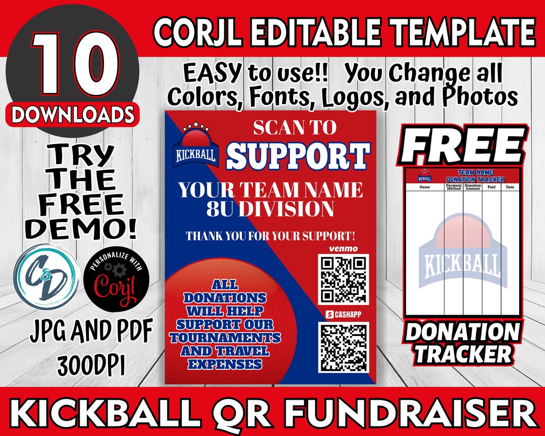 Customizable Kickball Fundraiser Template, Editable Kickball QR Code ...