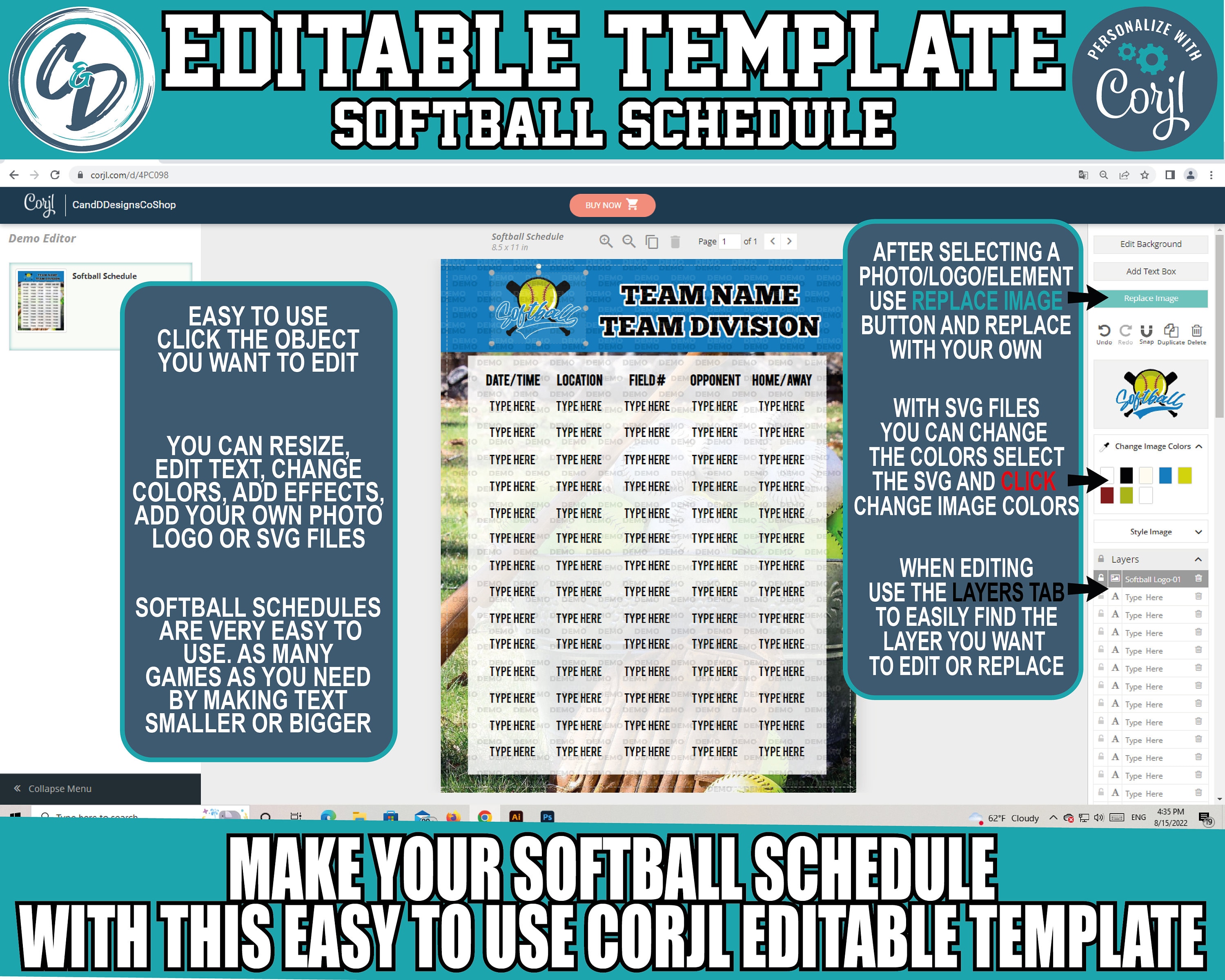 Corjl Editable Softball Schedule Maker Template, Customizable Softball ...