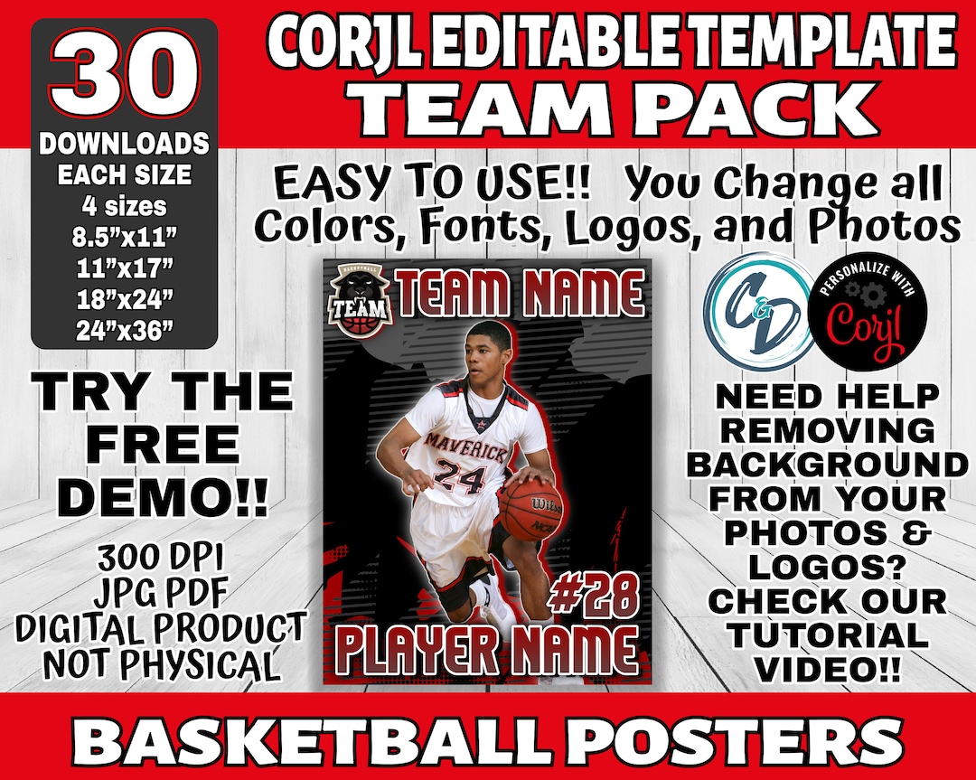 Corjl Editable Basketball Team Poster Pack, Basketball Posters 4 Sizes ...
