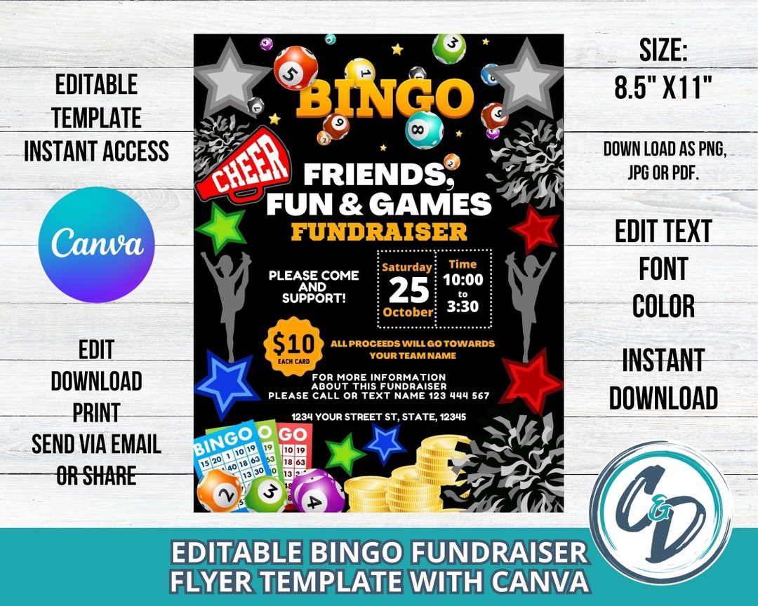 Cheer Silver Bingo Fundraiser Flyer Editable Bingo Fundraiser Day Canva ...
