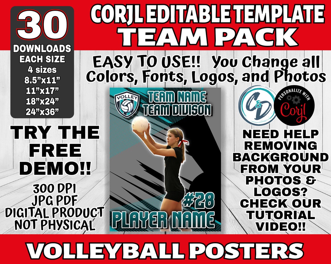 Corjl Editable Volleyball Team Poster Pack, Volleyball Posters 4 Sizes ...