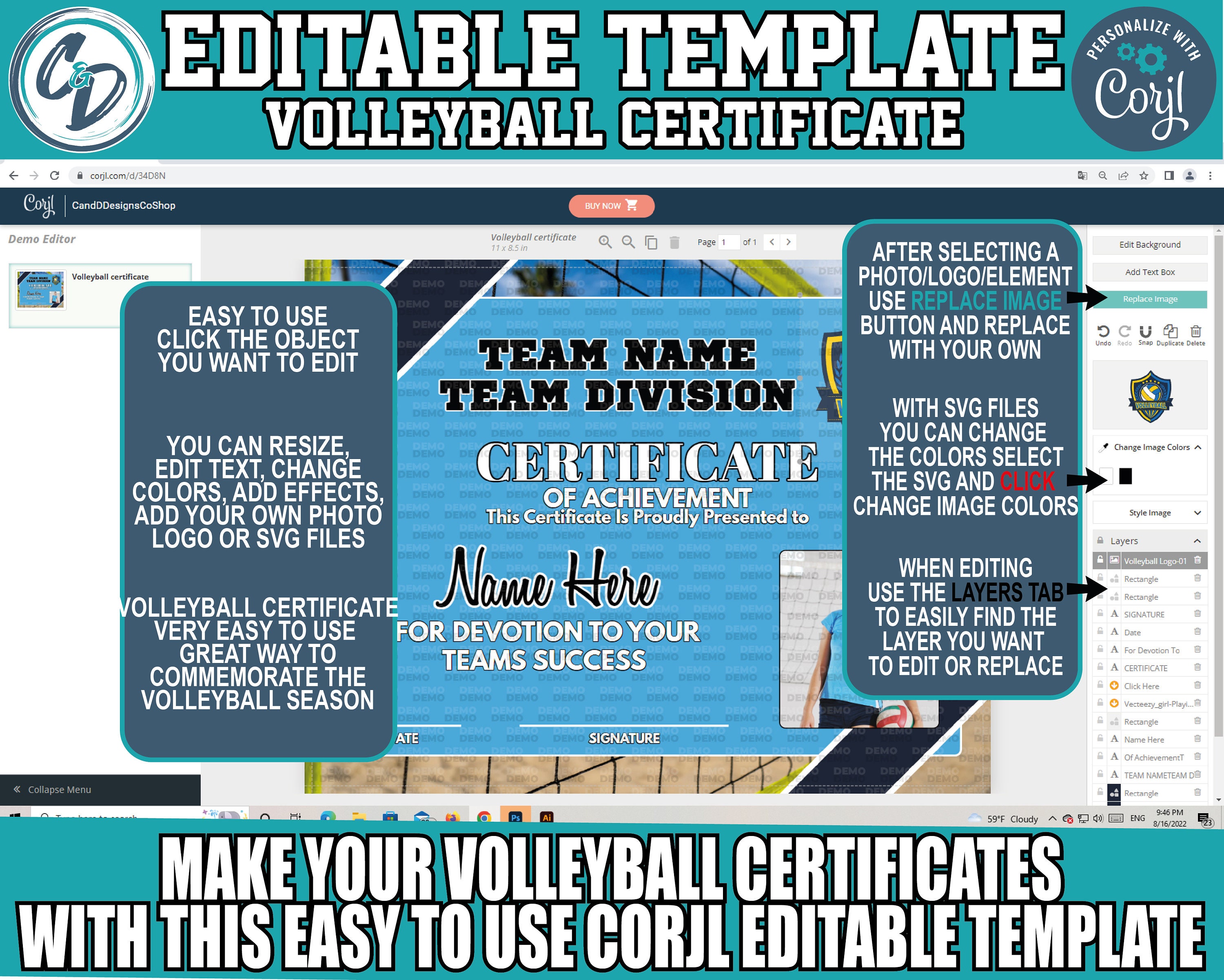 Personalized Volleyball Certificate Template Editable Sports Award ...