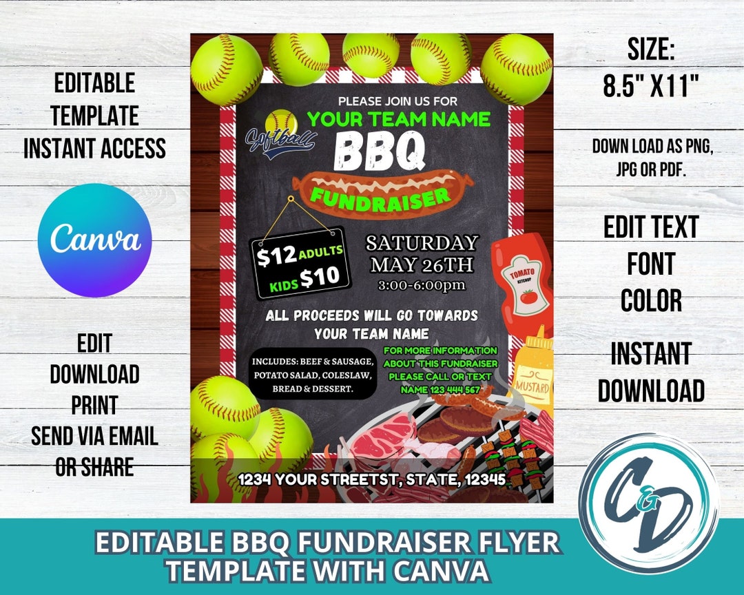 Softball BBQ Fundraiser Flyer, Editable Softball BBQ Cook Out ...