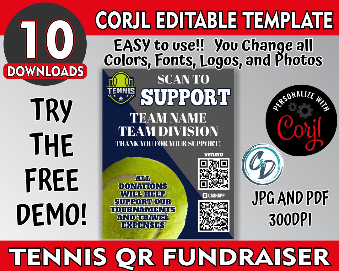 Customizable Tennis Fundraiser Template, Editable Tennis QR Code Flyer ...
