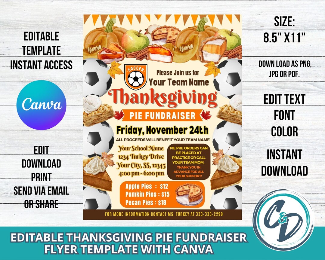 Soccer Thanksgiving Pie Fundraiser Flyer Printable Soccer Thanksgiving ...