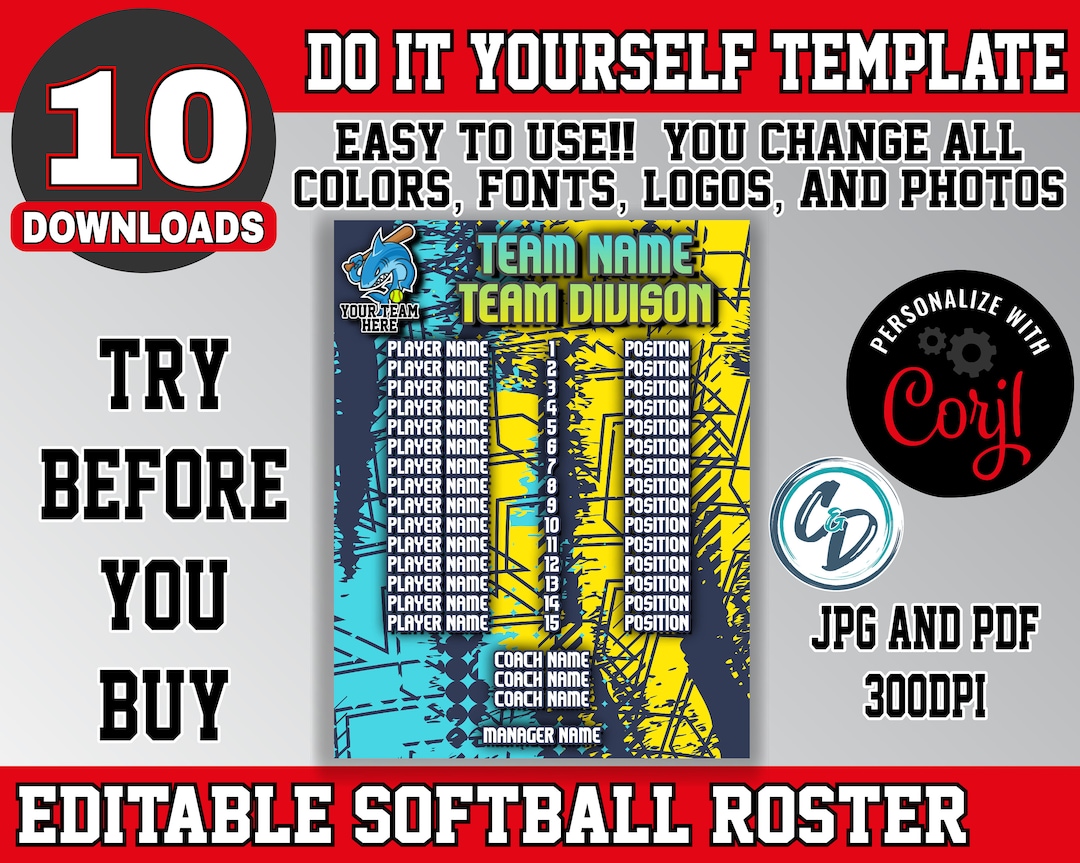 Customizable Softball Roster Template, Editable Sports Roster Design ...