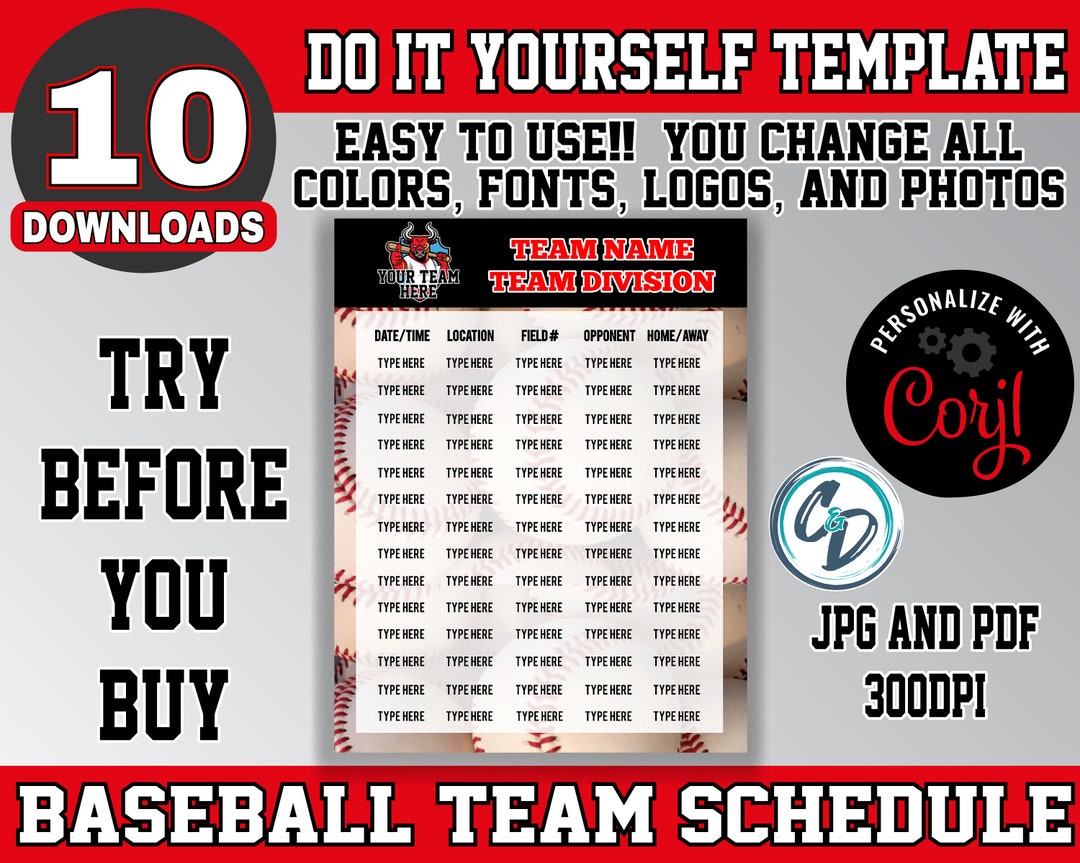 Customizable Baseball Schedule Template, Editable Sports Schedule ...