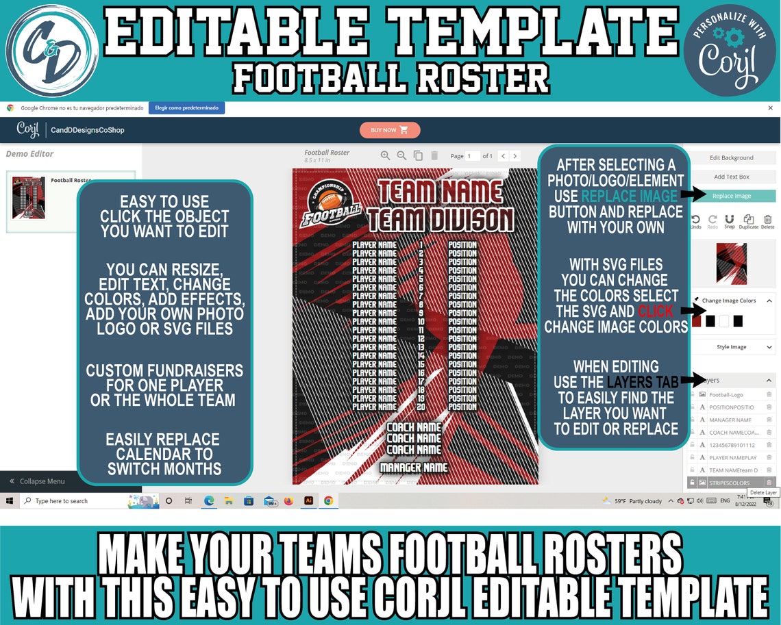 Customizable Football Roster Template Pack , 4 Designs Included, Corjl ...