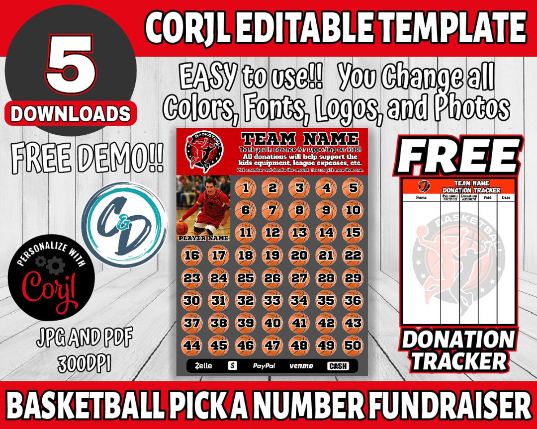 Corjl Editable Basketball Pick a Number Fundraiser, Basketball 1 to 50 ...