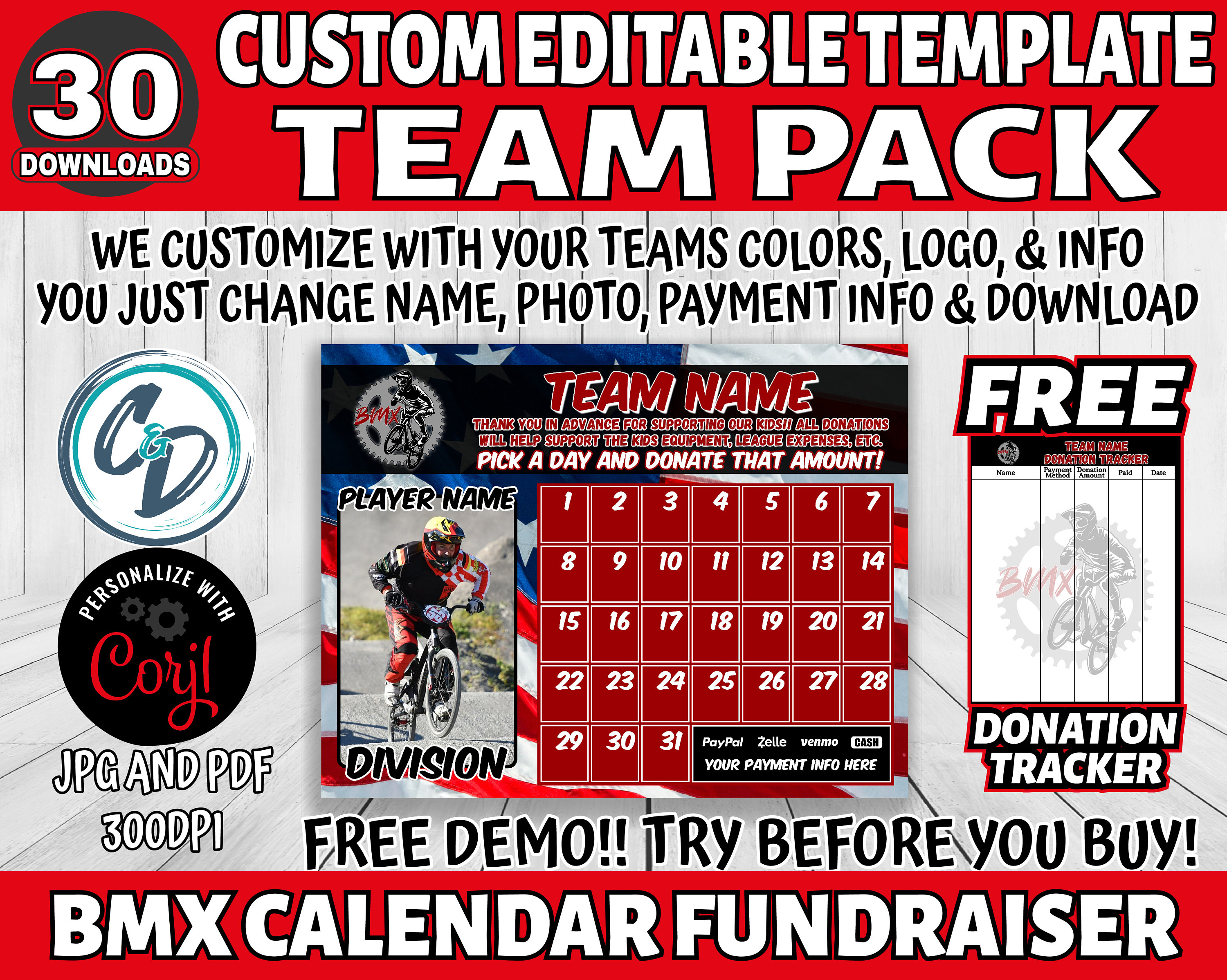 Corjl Editable BMX Fundraiser Calendar, Bicycle Racing Team Pack 30 ...