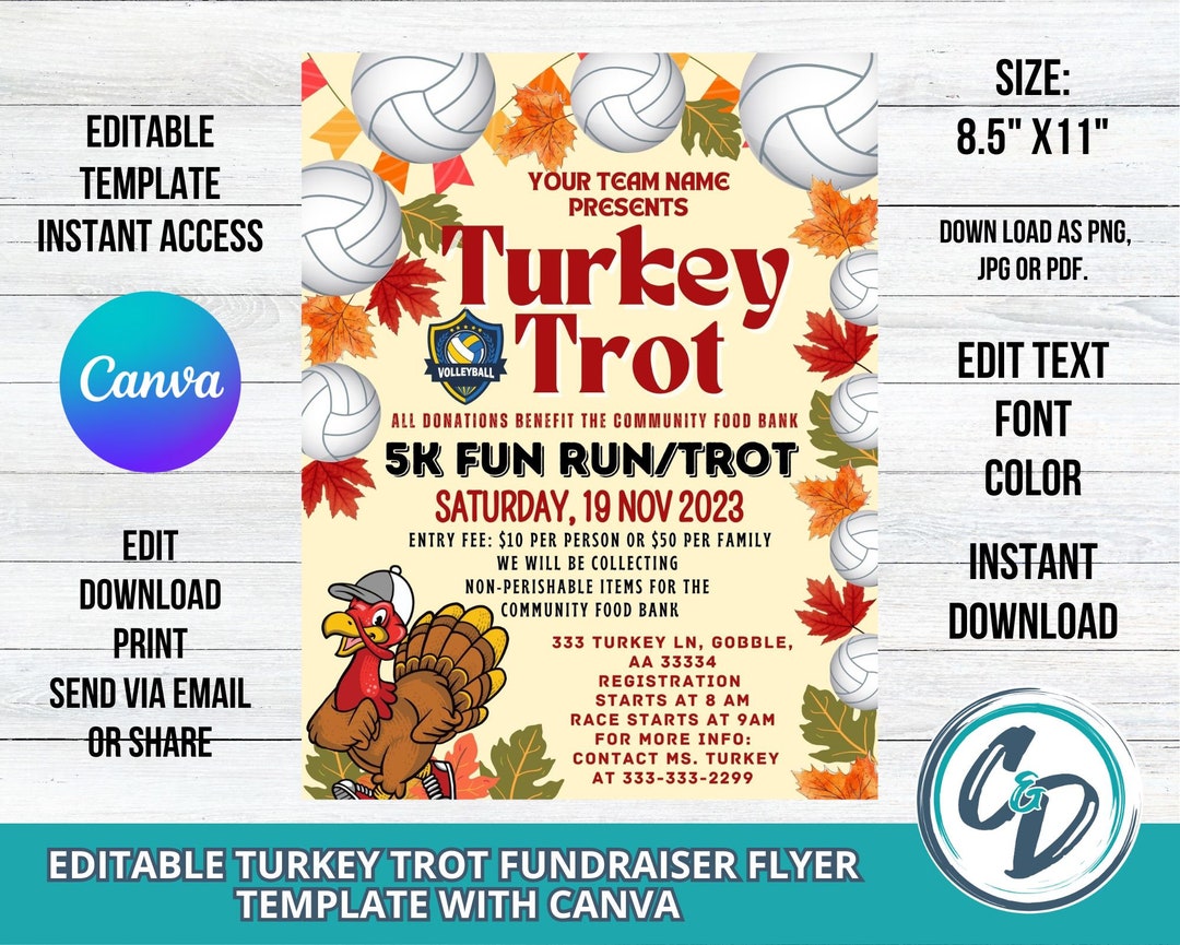 Volleyball Turkey Trot Fundraiser Flyer Printable Volley Thanksgiving ...