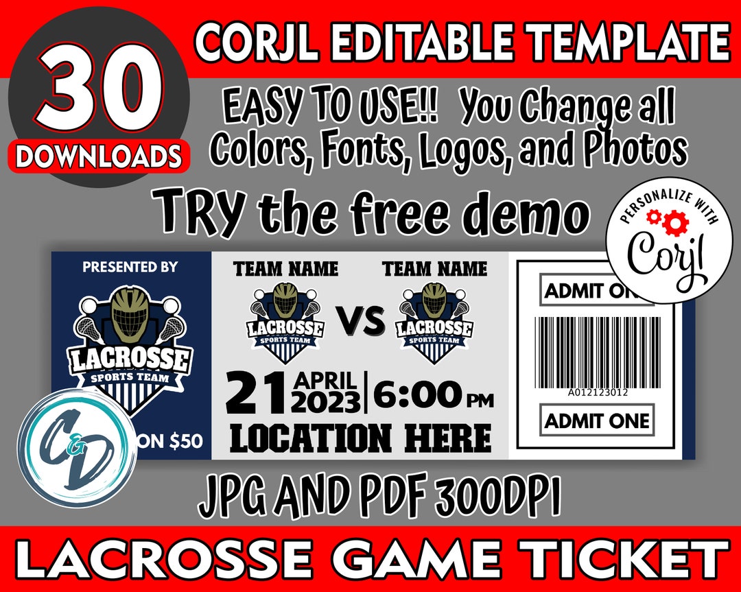 Customizable Lacrosse Game Ticket Maker Template, Editable Sports Match ...